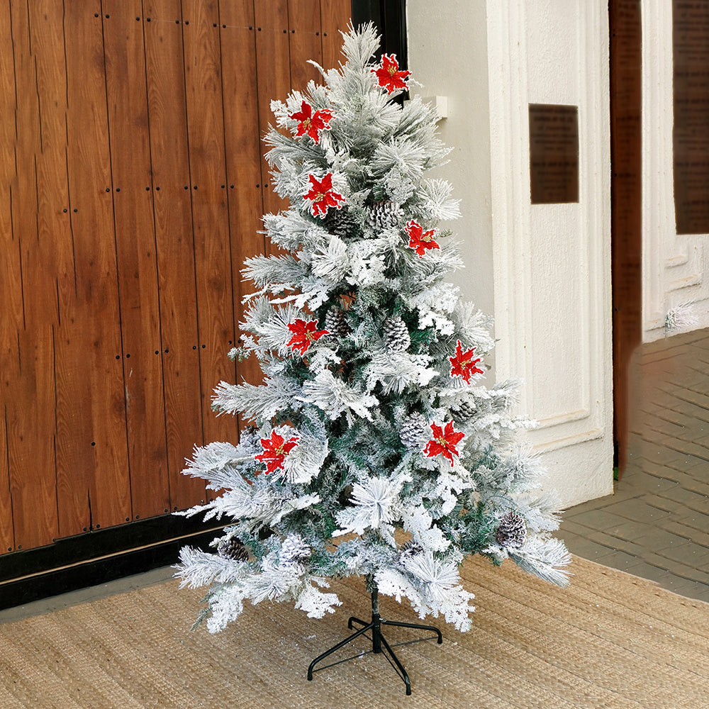 5.9 feet Bushy Long Snowy Leaves Xmas Tree with 8 free Wired Red Poins ...