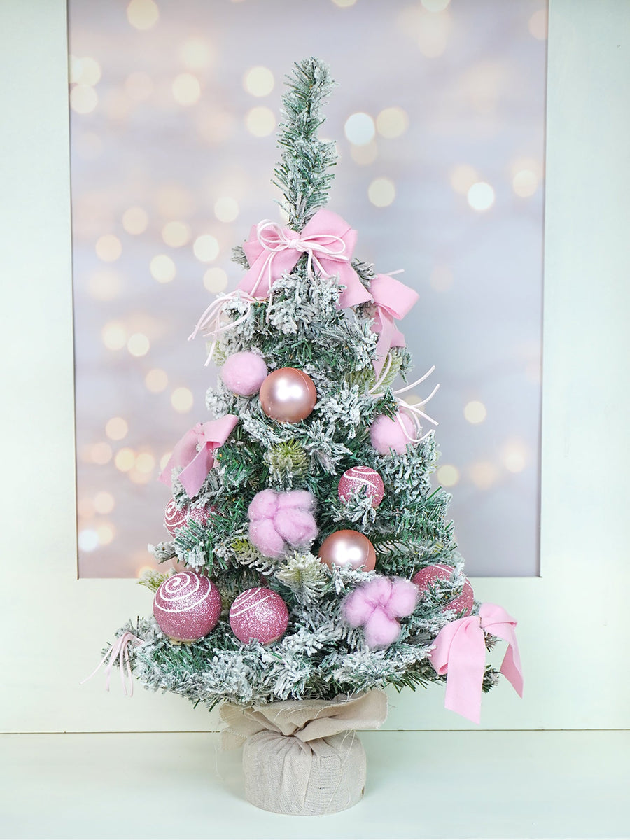 2 Ft. Pastel Pink Swirl Snowy Bushy Christmas Tree Filled With Balls A ...