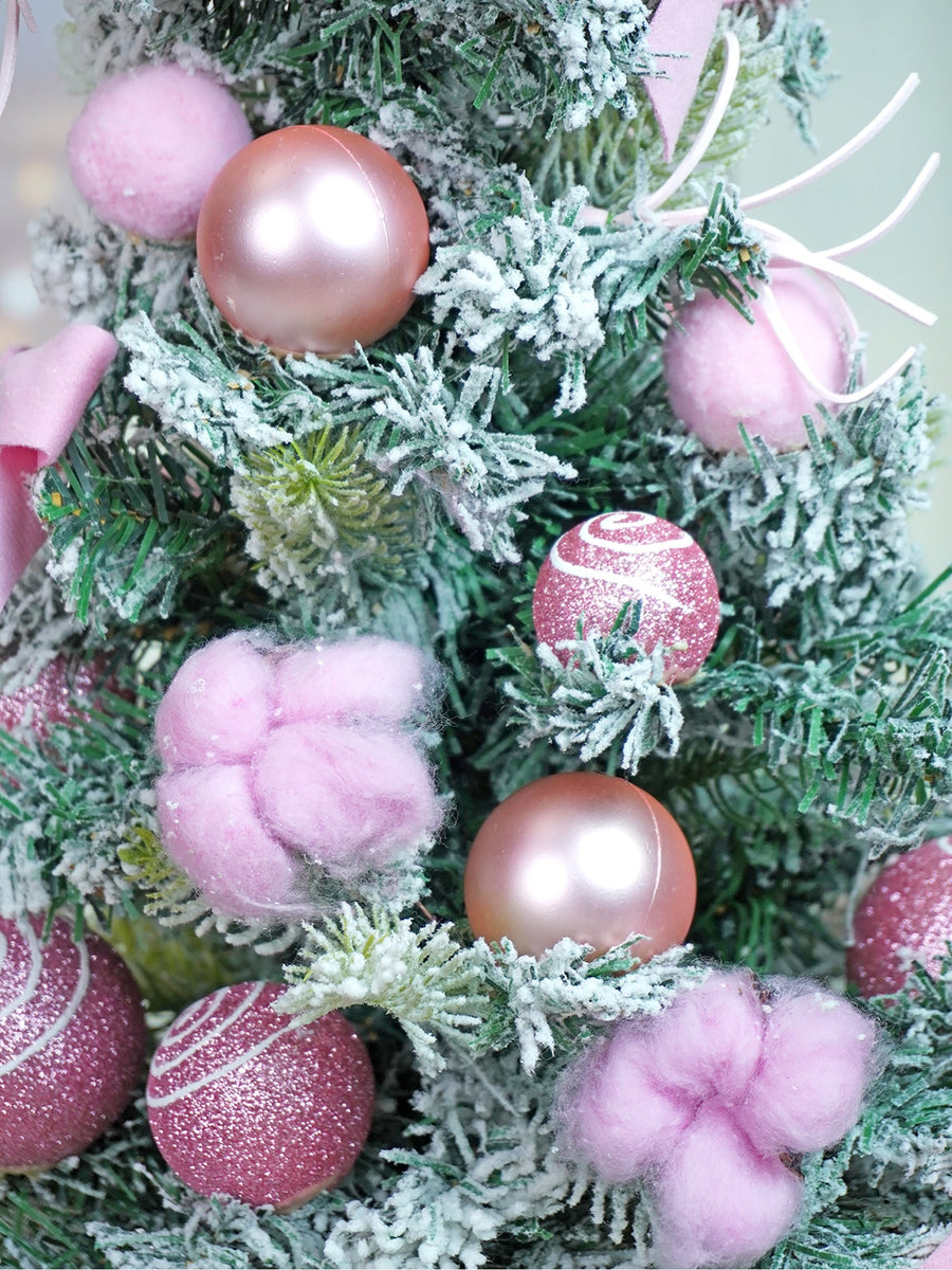 2 Ft. Pastel Pink Swirl Snowy Bushy Christmas Tree Filled With Balls A ...