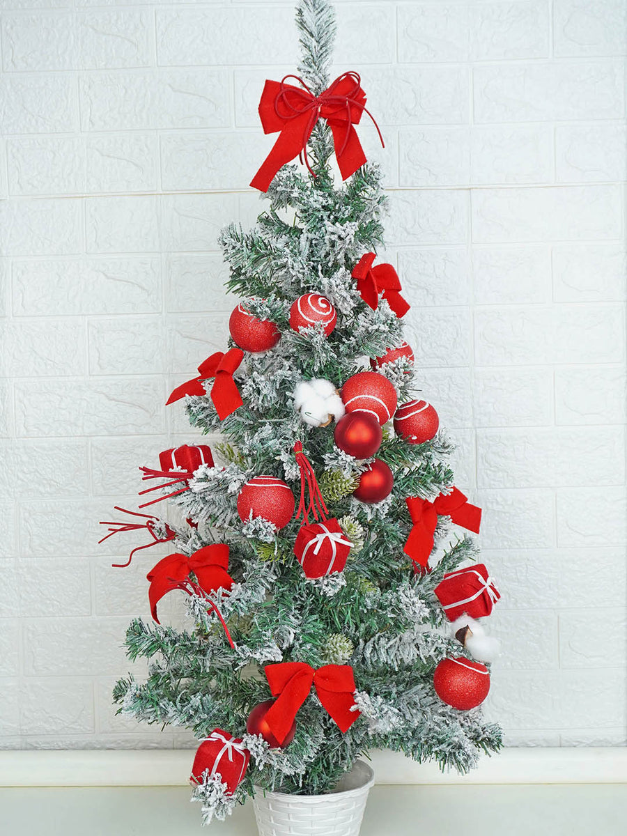3 Ft. Red Swirl Frosty Bushy Christmas Tree Filled With Balls And Orna ...