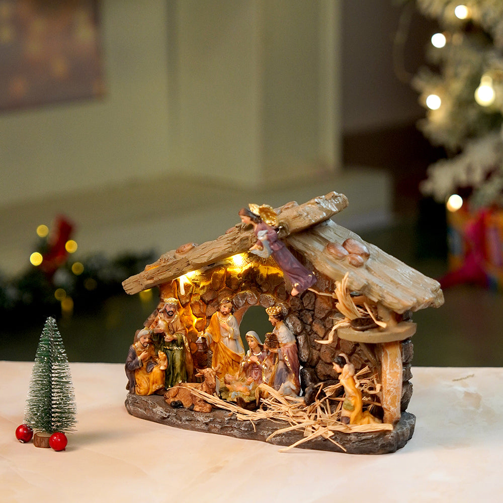 Hanging Angel With Lights & Holy Family Christmas Crib Nativity Set ...