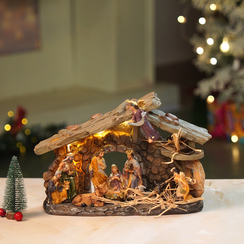 Hanging Angel With Lights & Holy Family Christmas Crib Nativity Set ...